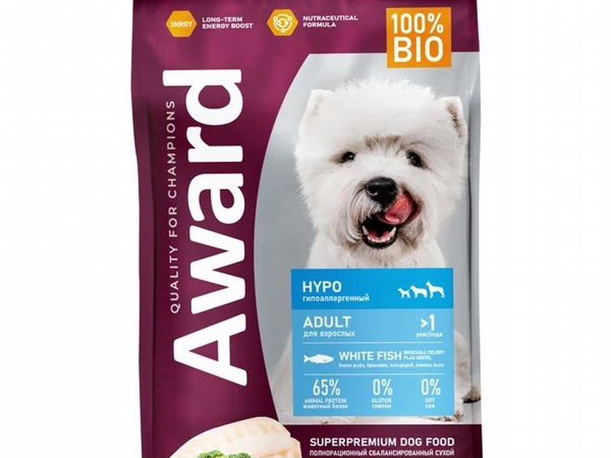 Сухой корм award hypo для собак с белой рыбой
