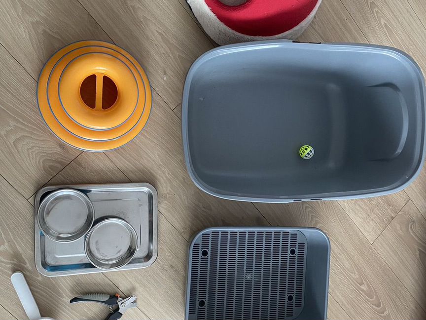 Домик, лоток, миски, игрушки для кошки