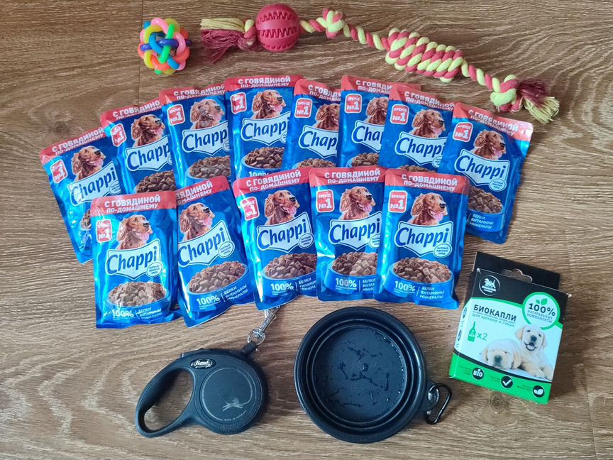 Поводок, корм, игрушки, миска для собак