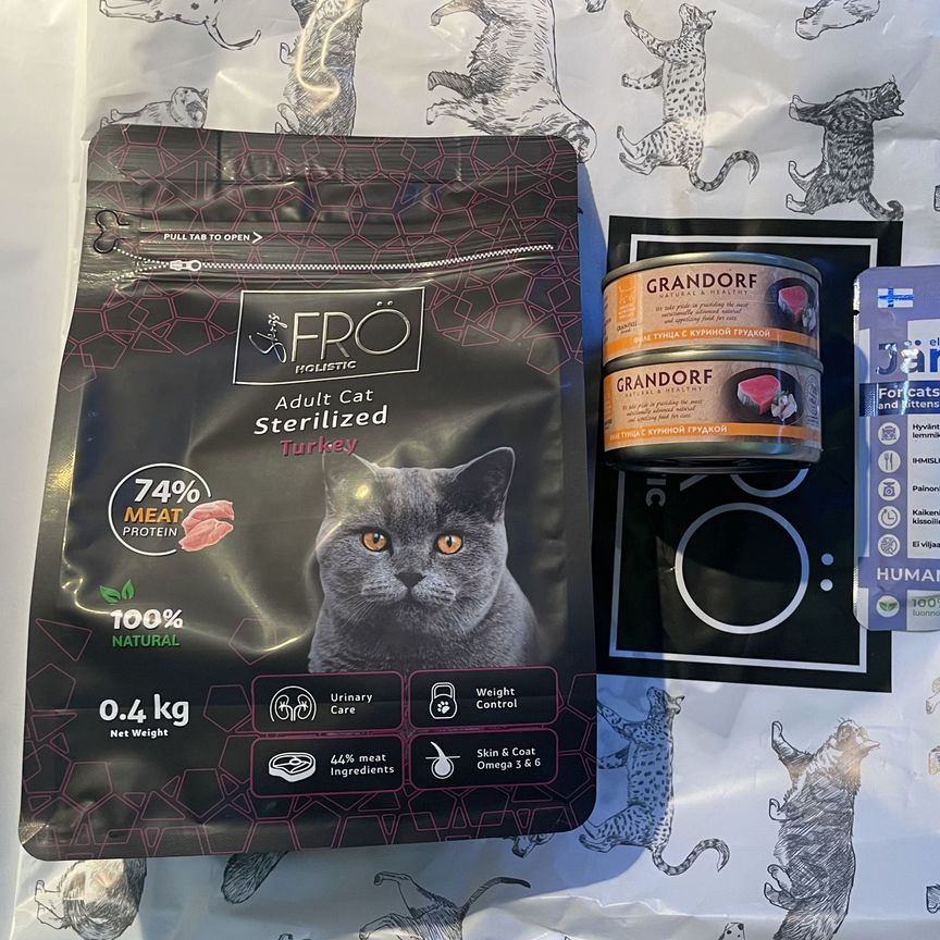 Корм для кошек (сухой fro, влажный grandorf)