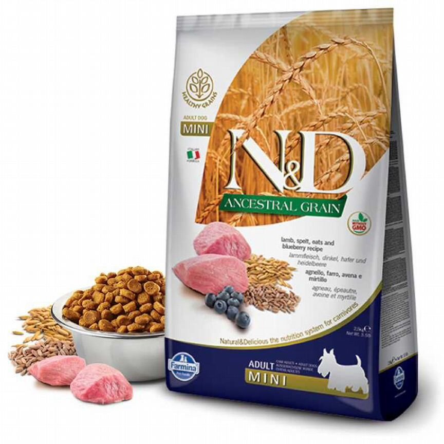 Сухой корм farmina N&D Ancestral Grain Adult Mini для взрослых собак мелких пород с ягненком и черни