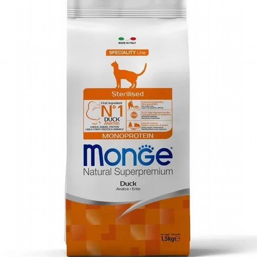 Корм Monge Cat Monoprotein,утка 1,5 кг